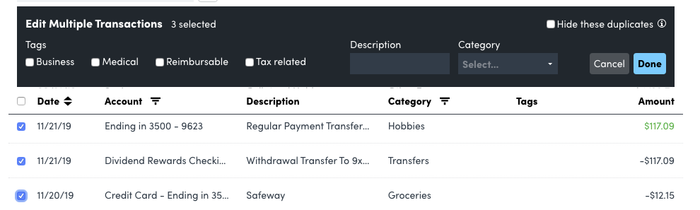 Edit Multiple Transactions – Empower Personal Dashboard Support